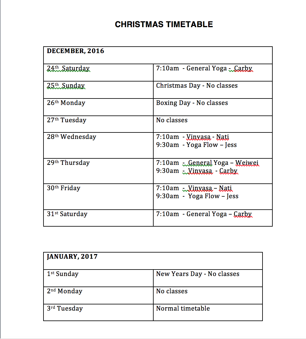 CHRISTMAS TIMETABLE - Reduced Hours